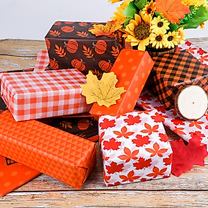 Konsait Thanksgiving Wrap Paper, 120 Sheet Fall Autumn Tissue Paper for Gift Wrapping, Maple Leaves Buffalo Plaid Polka Dot Pumpkin Prints Crafts Paper for Harvest Birthday Festival Bags Party Pompom