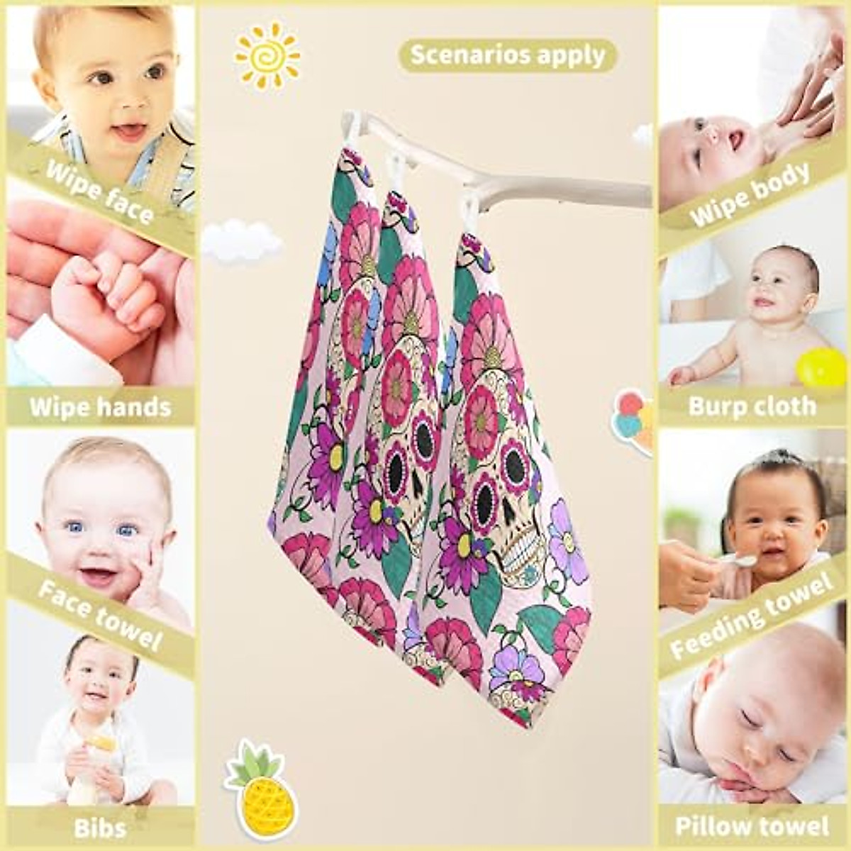 CUPADA 3 Pack Sugar Skulls Floral Baby Muslin Washcloths, Pink Halloween Face Towel Burp Cloths Ultra Soft Absorbent Cotton Bath Wipes Towels for Newborn Boys Girls
