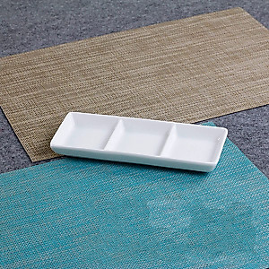 DOITOOL 2 Pcs White Ceramic Serving Platter Pure White Ceramic 3- Compartment Appetizer Serving Tray Rectangular Divided Sauce Dishes for Spice Dish Soy Sauce (15cm x 6. 5cm/ White)