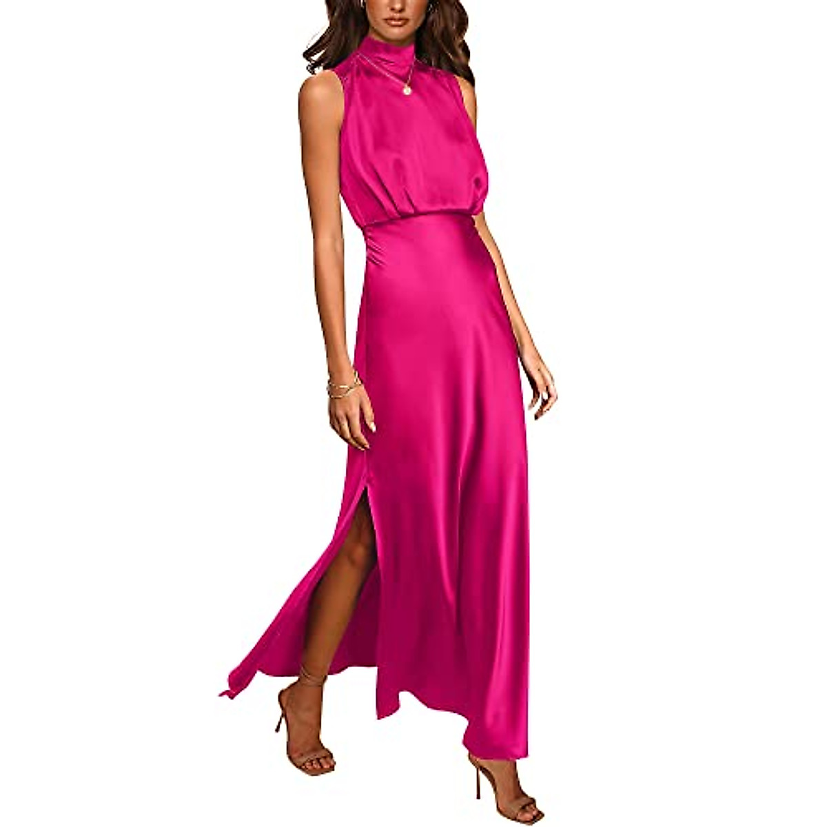 BTFBM Women Sleeveless Mock Neck Cocktail Dresses Keyhole Elastic Waist Party Wedding Guest Satin High Split Maxi Dress(Solid Rose Red, Small)