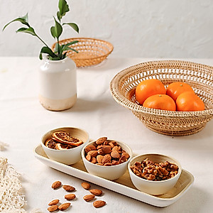 Kiwi Homie, Dia 3.54" x H 1.77" 3 PCS White Mini Bamboo Bowls with Serving Tray Platter for Serving Smoothies, 3 Pinch Bowls, Condiment Bowls Set 3 for Party, Kitchen Serving