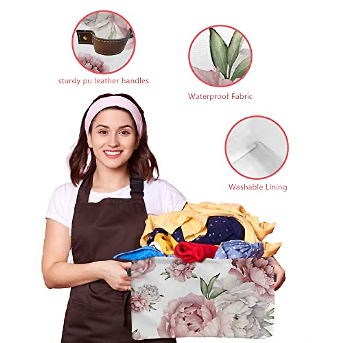 Spring Floral Storage Bins 2 Pack, Large Waterproof Storage Baskets for Shelves Closet, Farmhouse Pink Summer Flowers White Storage Basket Foldable Storage Box Cube Storage Organizer with Handles