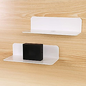Acrylic Floating Wall Shelves, Damage-Free Expand Wall Space, Small Display Shelf for Smart Speaker/Action Figures with Cable Clips, Bluetooth Speaker, Webcam, Phone Stand (White)