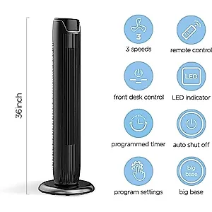 SOHLER 36'' Oscillating Tower Fan, Remote Control, Quiet Stand Up, 3 Speed Settings, 3 Modes, 7-Hour Timer, LED Display, for Bedroom or Home Office Use, Glossy Black