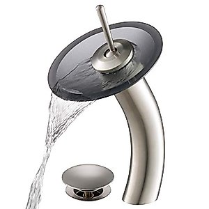 Single Lever Vessel Glass Waterfall Bathroom Faucet Satin Nickel with Black Frosted Glass Disk and Matching Pop Up Drain