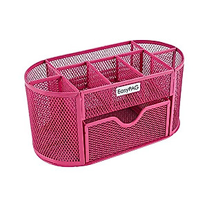 EasyPAG Desk Organizer Mesh Desktop Office Supplies Multi-functional Caddy Pen Holder Stationery with Drawer,Pink