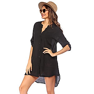 Ekouaer Bathing Suit Cover Up for Women V Neck Button Down Swimsuit Coverup Beach Dress Shirt Black
