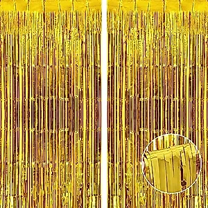 Thicken Gold Foil Fringe Curtains Decorations 3.2x8.2ft - 2 Pack, Photo Backdrop for Birthday Bachelorette Bridal Shower Baby Shower Graduation Party, Party Streams Decor