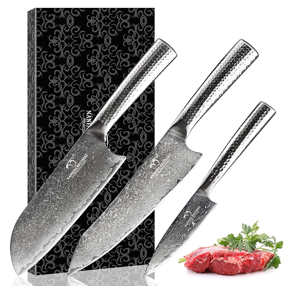 3 Pieces Damascus Kitchen Knife Set with 8” Chef Knife, 7” Santoku Knife, 3.5” Paring Knife, 67 Layer Handmade Damascus VG10 Steel Core, Hammered Ergonomic Handle (Gift Box)