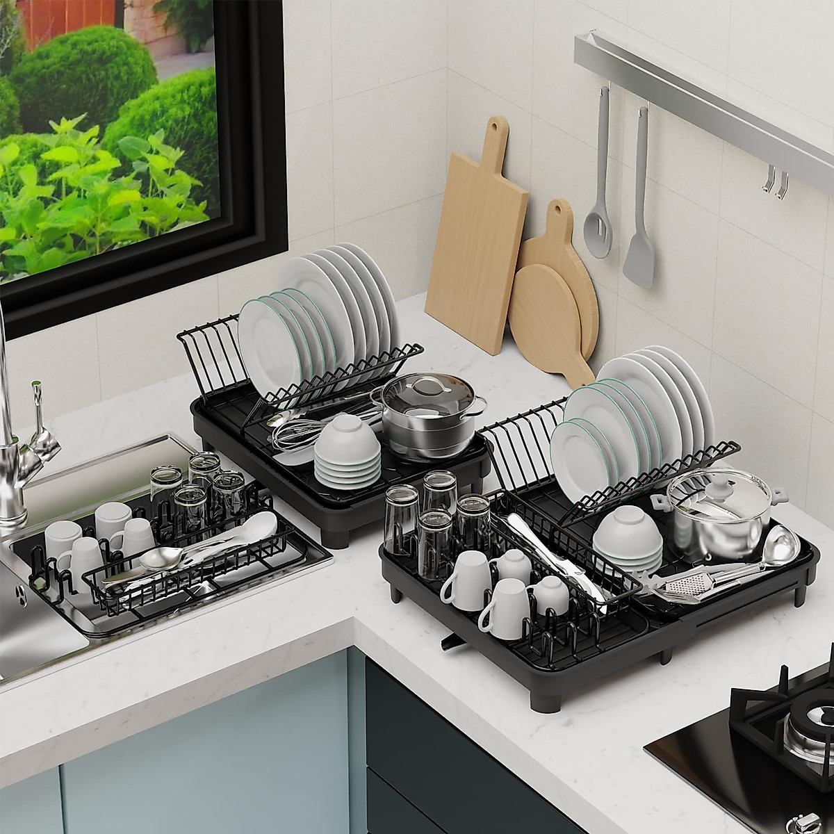 YEPATER Extendable Dish Rack, Large Dish Drying Rack with Drainboard,Cup Holder,Cutlery Drawer Organizer,Collapsible Dish Drainer for Kitchen Counter