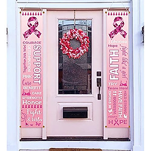 Breast Cancer Awareness Banner Porch Sign, 11.8" x 70.8" Pink Ribbon Party Sign, Hope Strength Courage Faith Backdrop for Pink Ribbon Breast Cancer Party Decoration Supplies - Pink Ribbon