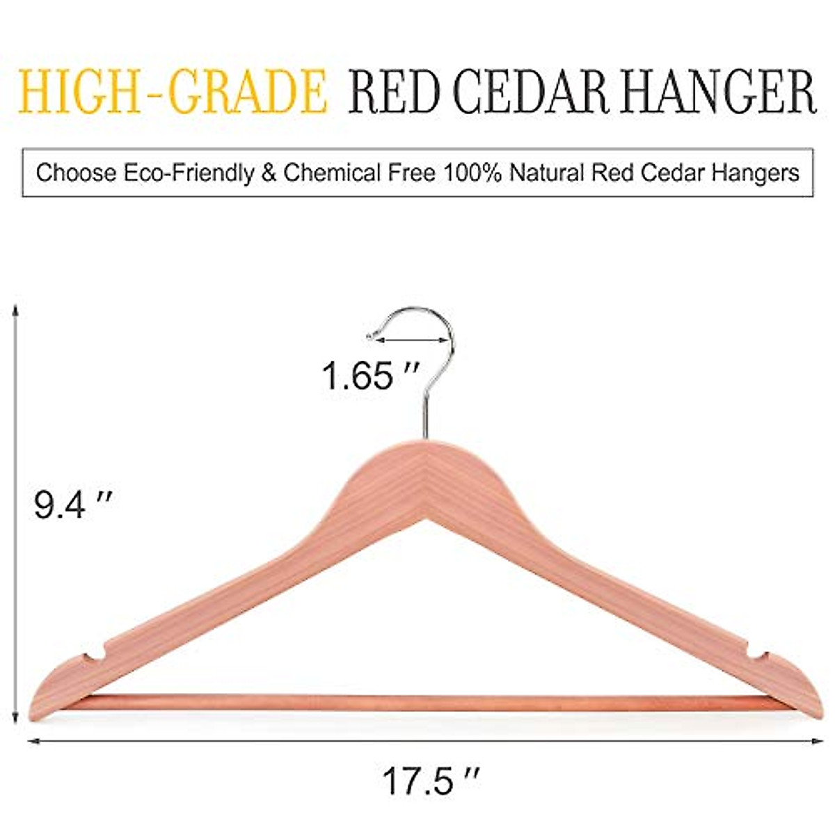 TOPIA HANGER American Red Cedar Wood Coat Hangers, Wooden Suit Hangers, 10 Pack-Natural, Smooth Cut Notches- 360°Flexible Hook- Solid Non-Slip Bar - CT07C