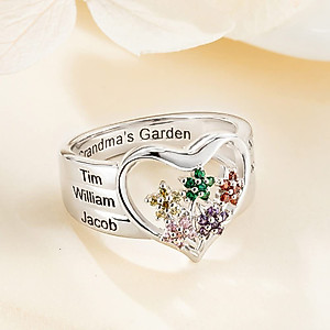 Custom Heart Mother Rings 925 Sterling Silver Personalized 1-8 Names and Birthstones Rings For Women Engraved Garden Flower Ring Family Love Jewelry Birthday Gifts For Mom Grandmother Mama Wife