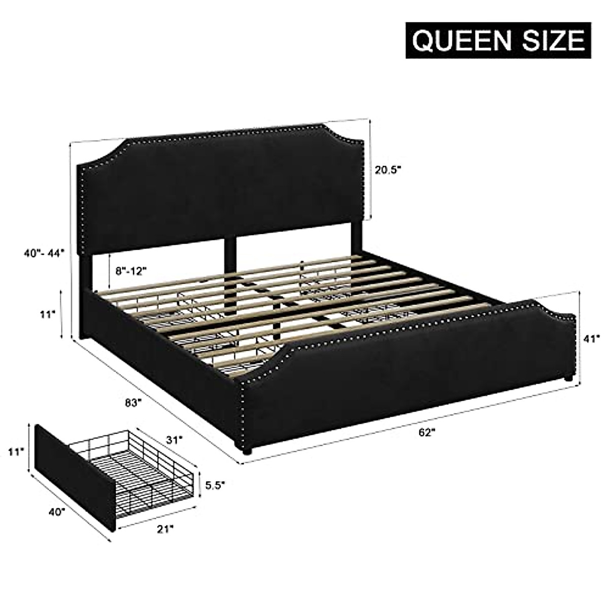 AMERLIFE Queen Size Bed Frame with 4 Storage Drawers and Headboard, Queen Velvet Upholstered Platform Bed with Rivet Curved Adjustable Headboard/Strong Wooden Slats/Easy Assembly/Black, (1060200023)