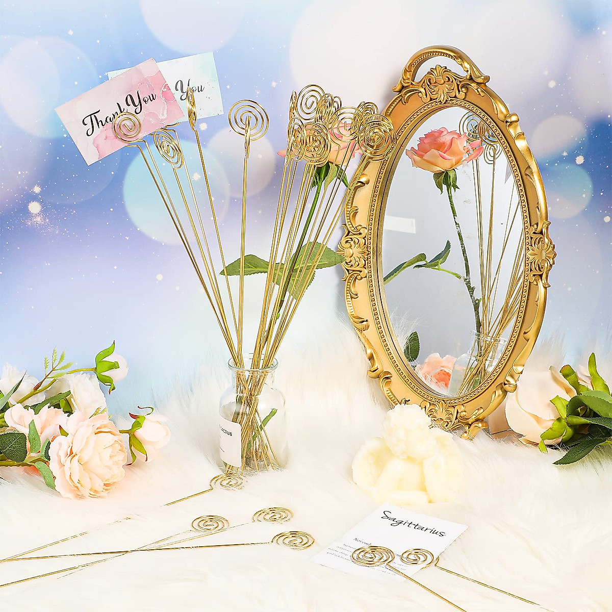 Zonon 30 Pcs Metal Wire Floral Picks Love Floral Place Card Holder Gold Table Number Picture Holder Clips Menu Note Memo Holder for Wedding Birthday Party, 13 Inch(Coil Style)