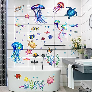 HUAJIE Ocean Fish Wall Decals, Under The Sea Wall Decals Sea Life Animals Wall Stickers Waterproof Removable Peel and Sticks for Kids Bedroom Bathroom Living Room, Multi