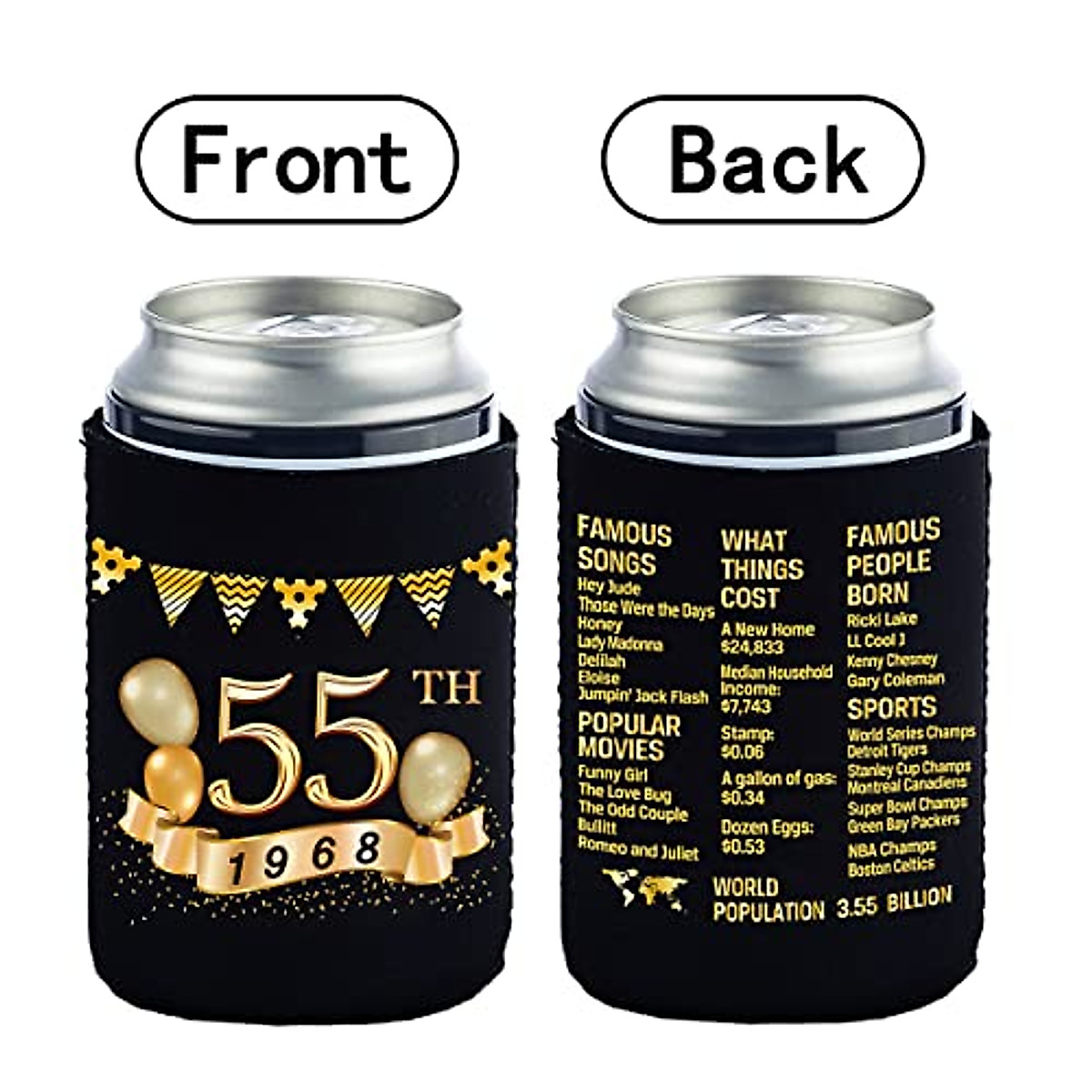 Yangmics 55th Birthday Can Cooler Sleeves Pack of 12-55th Anniversary Decorations- 1968 Sign - 55th Birthday Party Supplies - Black and Gold the fifty-fifth Birthday Cup Coolers
