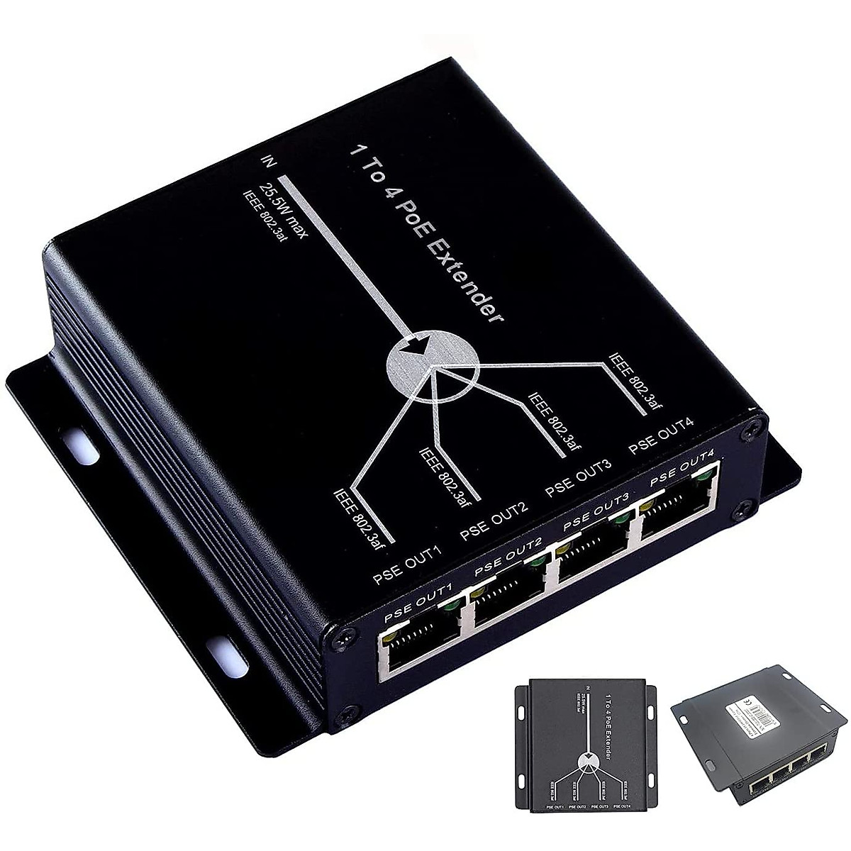BeElion PoE Extender Ethernet Repeater 10/100Mbps, 1In/4Out 10/100BASE-TX IEEE802.3at (Power-in) to IEEE802.3af (Power-Out) PoE Extender for Ethernet/PoE Power, IP Camera,Other Network