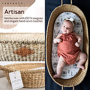 Sansaura Nursery Set - Seagrass Baby Changing Basket, Diaper Basket, with Thick Waterproof Pad & 100% Cotton Fitted Sheet, Toy Storage Bag, Woodland Designs, Shower Gift for Newborns, Boho nursery