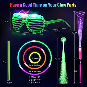 OLUPP 148 PCS Glow in the Dark Party Supplies, 16 PCS Glow Fiber Optic Wands, 14 PCS LED Glasses, 100 PCS Glow Sticks and 18 PCS LED Hair Clips Fiber Optic for Glow Party, Wedding, Concert, Birthday