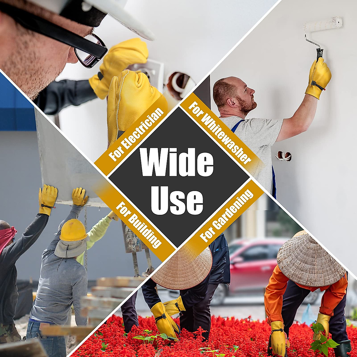 Bencailor 4 Pairs Cowhide Leather Gloves Adjustable Wrist Gloves Puncture Cut Resistant Gloves Work Gloves for Men & Women(Golden Yellow)