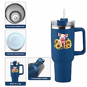 LB LEOBON 40 ounce insulated cup with handle, double-layer vacuum stainless steel material, equipped with straw, can keep warm or maintain cold drinks Pink Pig Sunflower white