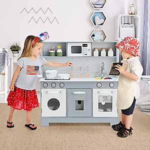 Costzon Kids Kitchen Playset, Wooden Pretend Cooking Playset w/Stove, Fridge, Microwave, Removable Sink, Water Dispenser w/Light Sound, Cabinets, Great Gift for Boys Girls