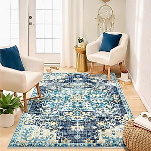 Area Rug 3x5 Entryway Rug - Washable Vintage Floral Boho Area Rug Non-Slip Kitchen Rug Soft Low-Pile Indoor Door Mat, Small Oriental Throw Rug for Entrance Hallway Bedroom (Blue, 3'x5')