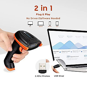 Tera Barcode Scanner Wireless 1D Laser Cordless Barcode Reader with Battery Level Indicator, Versatile 2 in 1 2.4Ghz Wireless and USB 2.0 Wired
