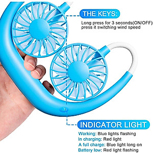 Hands Free Portable Neck Fan - Portable USB Battery Rechargeable Mini Fan with 3 Speeds Modes- Cooler Fan with Dual Wind Head for Home Office Travel Indoor Outdoor (Blue)