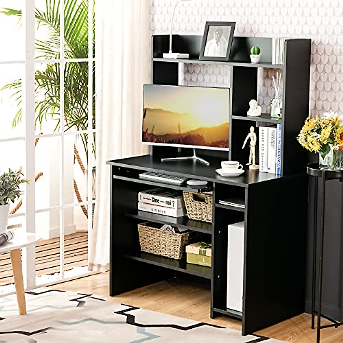 Tangkula Computer Desk with Hutch, Home Office Desk with Keyboard Tray & CPU Stand, Space Saving Study Writing Desk with Storage Bookshelves, Desk Workstation with Hutch for Bedroom, Black