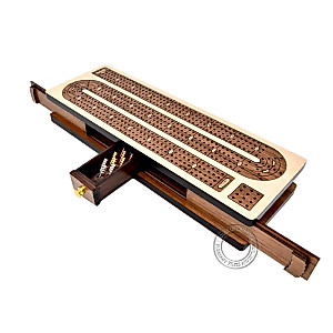 House of Cribbage - Continuous Cribbage Board Inlaid 4 Tracks Maple/Teakwood with Sliding Lids and Drawer