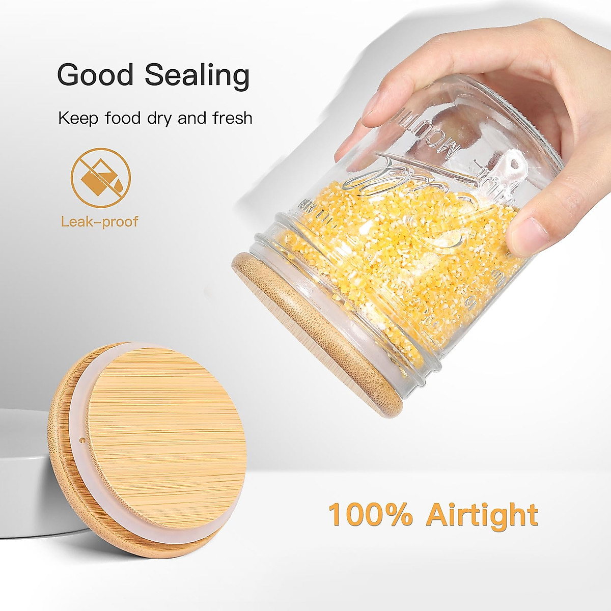 Bamboo Mason Jar Lids, Wooden Ball Jar Lids with Airtight Silicone Seal, Perfect for Dry food Storage. (6PCS-Wide)