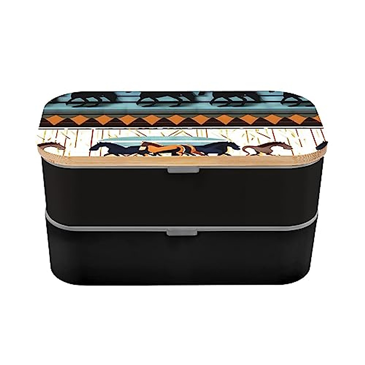 Horse Stripes Pattern Adult Lunch Box, Bento Box, With Cutlery Set Of 3, 2 Compartments, Rectangular, Lunch Box For Adults