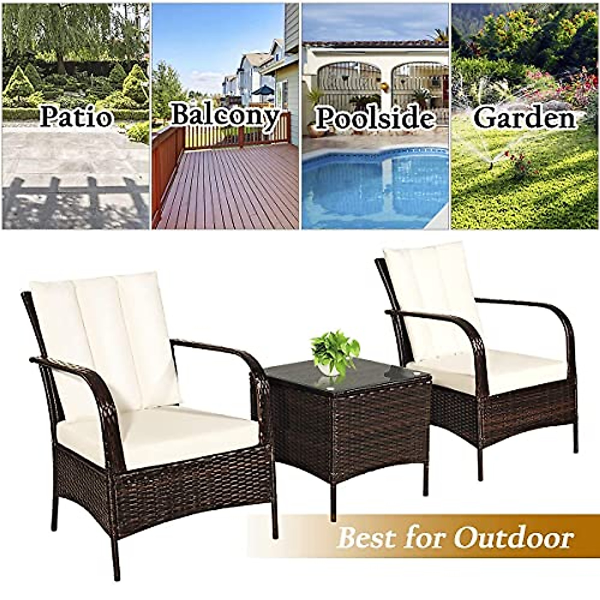 Tangkula 3 Piece Patio Furniture Set, 2 Wicker Chairs with Glass Top Coffee Table, Outdoor Garden Porch Poolside Furniture Set for 2, Rattan Conversation Set (Cream)