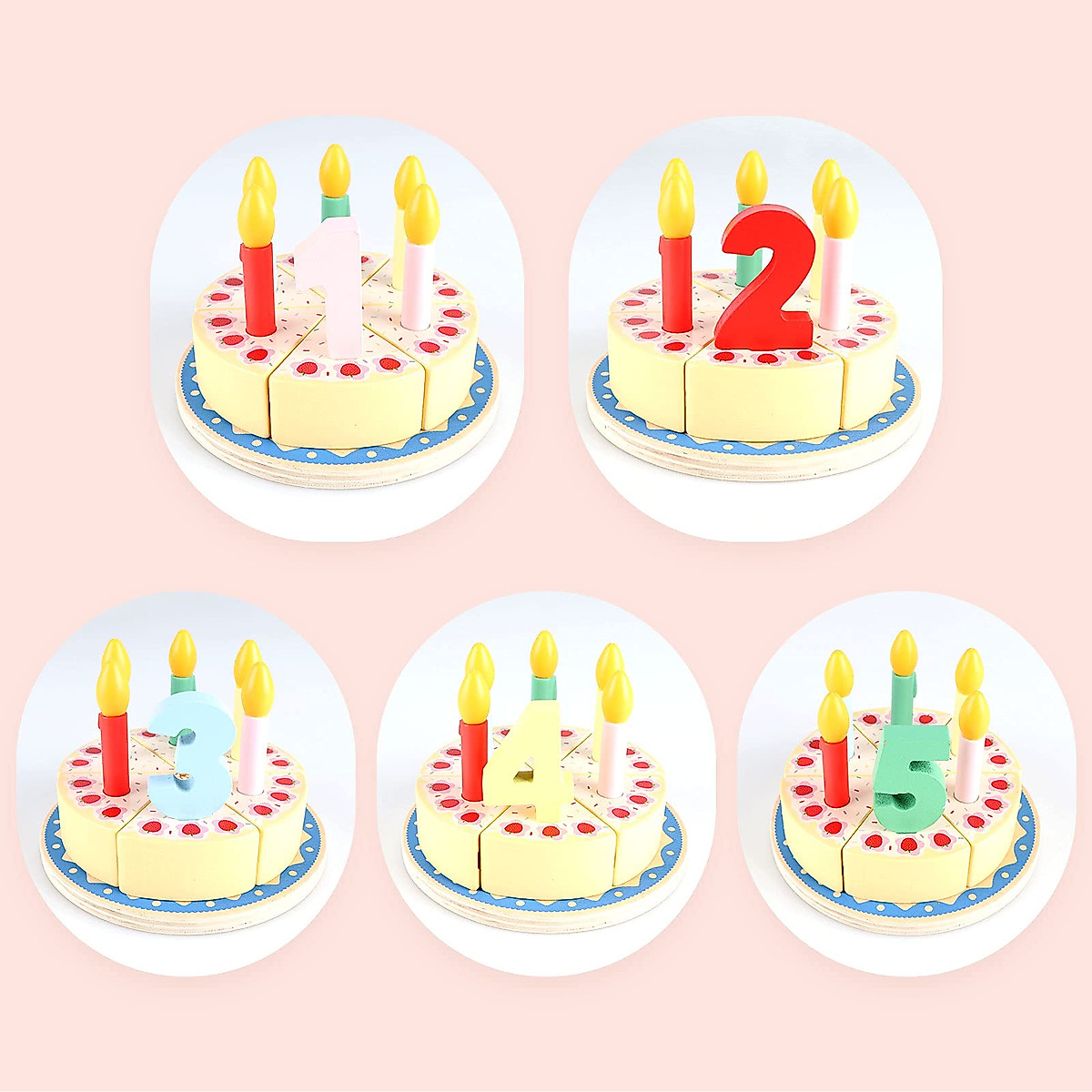 Steventoys Wooden Cutting Birthday Cake Toys,Birthday Fake Cake Toy with Candles and Numbers, Pretend Play Food Set ,Montessori Tea Party Toys Learning Kitchen Toys for Boys Girls 1-6 Years