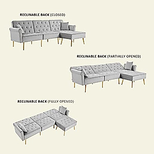 kevinplus Convertible Sofa Bed, Sleeper Modern Living Room Velvet Sofa Bed Sectional Couch for Living Room, Velvet Fabric (Grey)