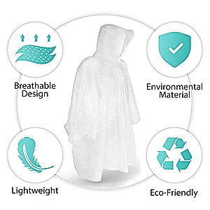 Disposable Rain Ponchos for Adult, Waterproof Plastic and Drawstring Hood, Clear (20 Pack)