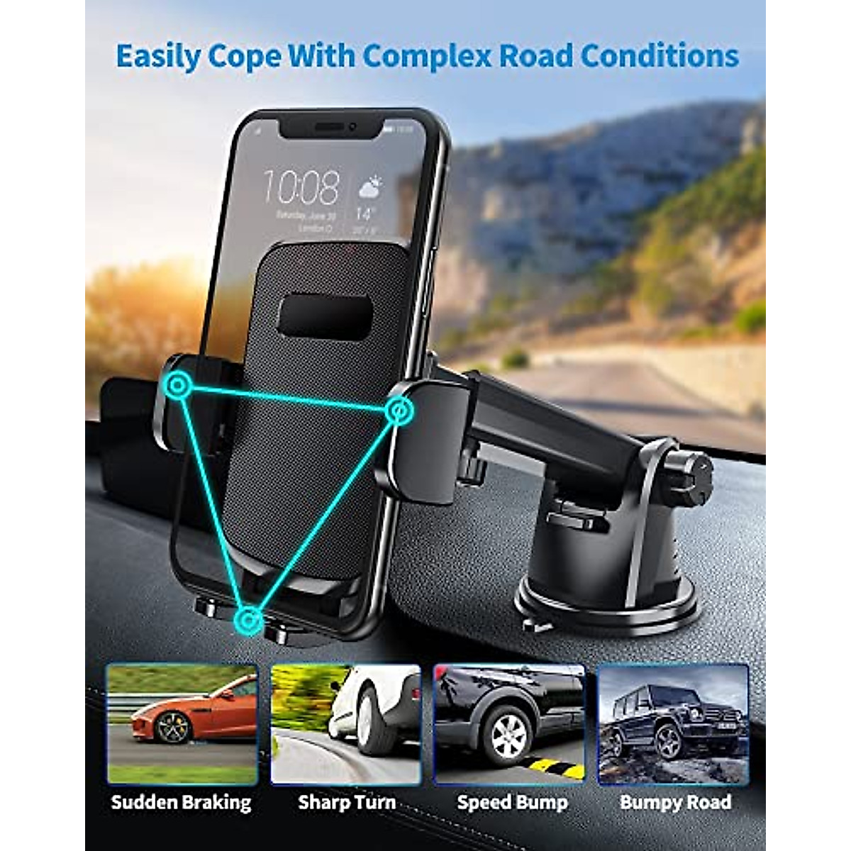 Corefyco Direct Car Phone Mount, Dashboard / Air Vent / Windshield Universal Car Phone Holder, Compatible with iPhone, Samsung, Moto, Huawei, Nokia, LG All Mobile Phones