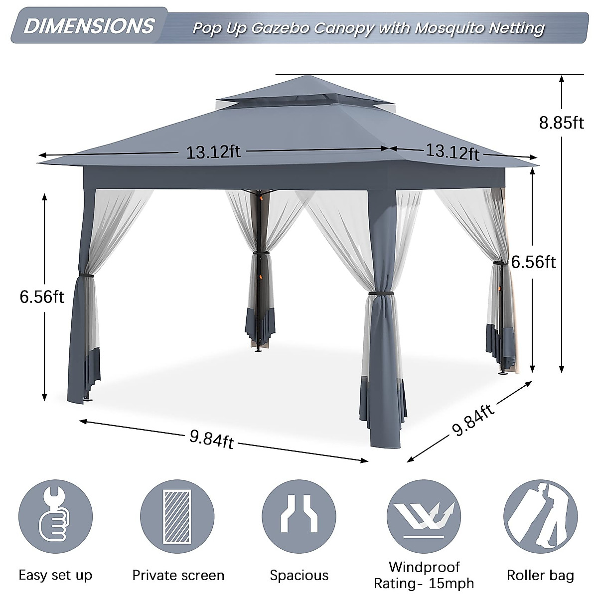 Gazebo, CBBPET 13'x 13' Pop Up Gazebo with Mosquito Netting, Outdoor Gazebo Canopy with Double Roof Tops and 169 Square Feet of Shade for Patio, Group Gatherings, Camping Shelter (Gray)