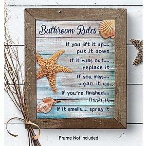 Nautical Rustic Bathroom Decor - LARGE 11x14 - Coastal Beach House Bathroom Rules Wall Art - Starfish, Seashells Restroom Sign, Bath Art - Ocean, Sea House Powder Room Art - Shabby Chic Gift