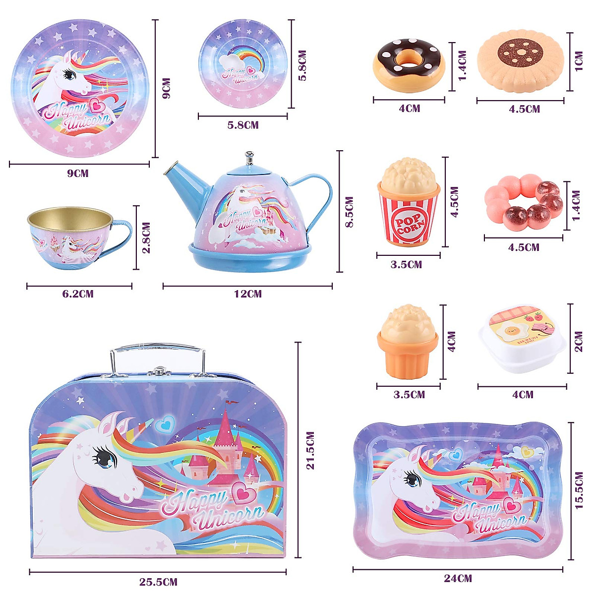 Golray Tea Party Set for Toddlers Girls Toys, Unicorn Gift for 3 4 5 6 Years Old, Tin Tea Set & Carrying Case & Food Treats Playset, Kids Kitchen Pretend Play for Age 3-6 Girls Birthday Gift Idea