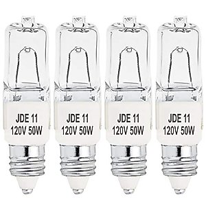 4-Pack JDE11 120V 50W Halogen JDE11 50W Bulb Warm White 50 Watt T4 E11 Bulb JDE 11 T4 50W for Chandeliers, Pendants, Table Lamps, Cabinet Lighting, Mini-Candelabra Base T4 Bulb, by BluexBulbs