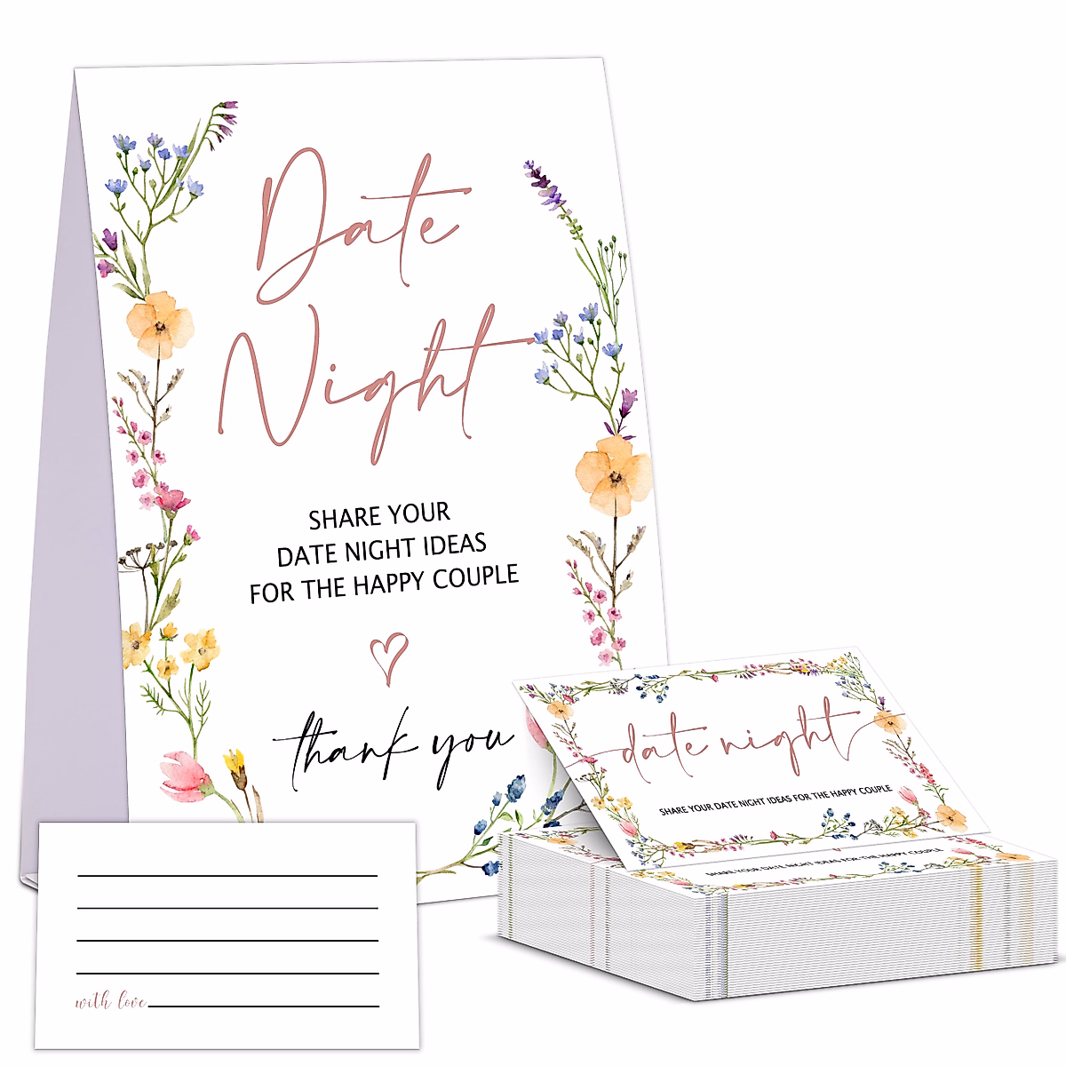 Wildflowers Date Night Game, Date Night Ideas Sign with 50 Cards, Bridal Shower Game, Boho Bridal Shower Decorations, Wedding Date Night Advice - 07