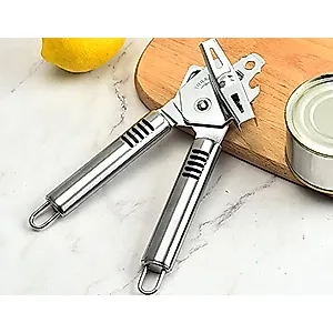 Can Opener, Kitchen Stainless Steel Heavy Duty Can Opener Manual Smooth Edge Durable Food Safe Cut 3-in-1 Tin Beer Jar Bottle Opener Hand Grip for Seniors with Arthritis Hands Friendly