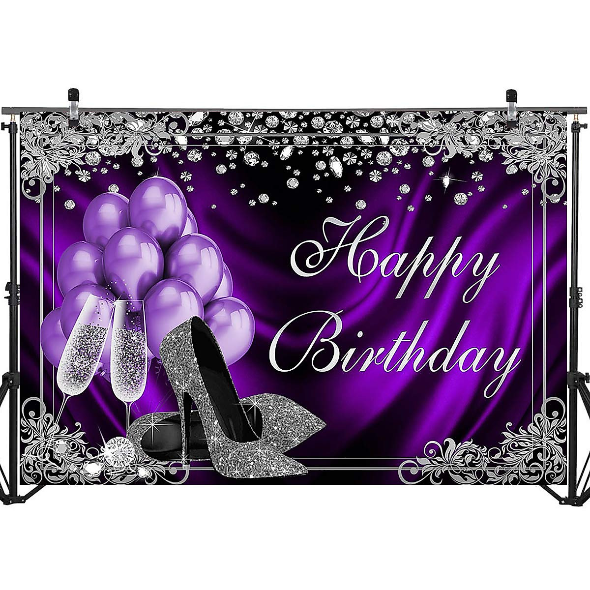 Mocsicka Purple Silver Birthday Backdrop for Women 7x5ft Purple Silver High Heels Balloons Birthday Photography Backdrops Sweet 16 Girl Birthday Party Decorations Photo Background