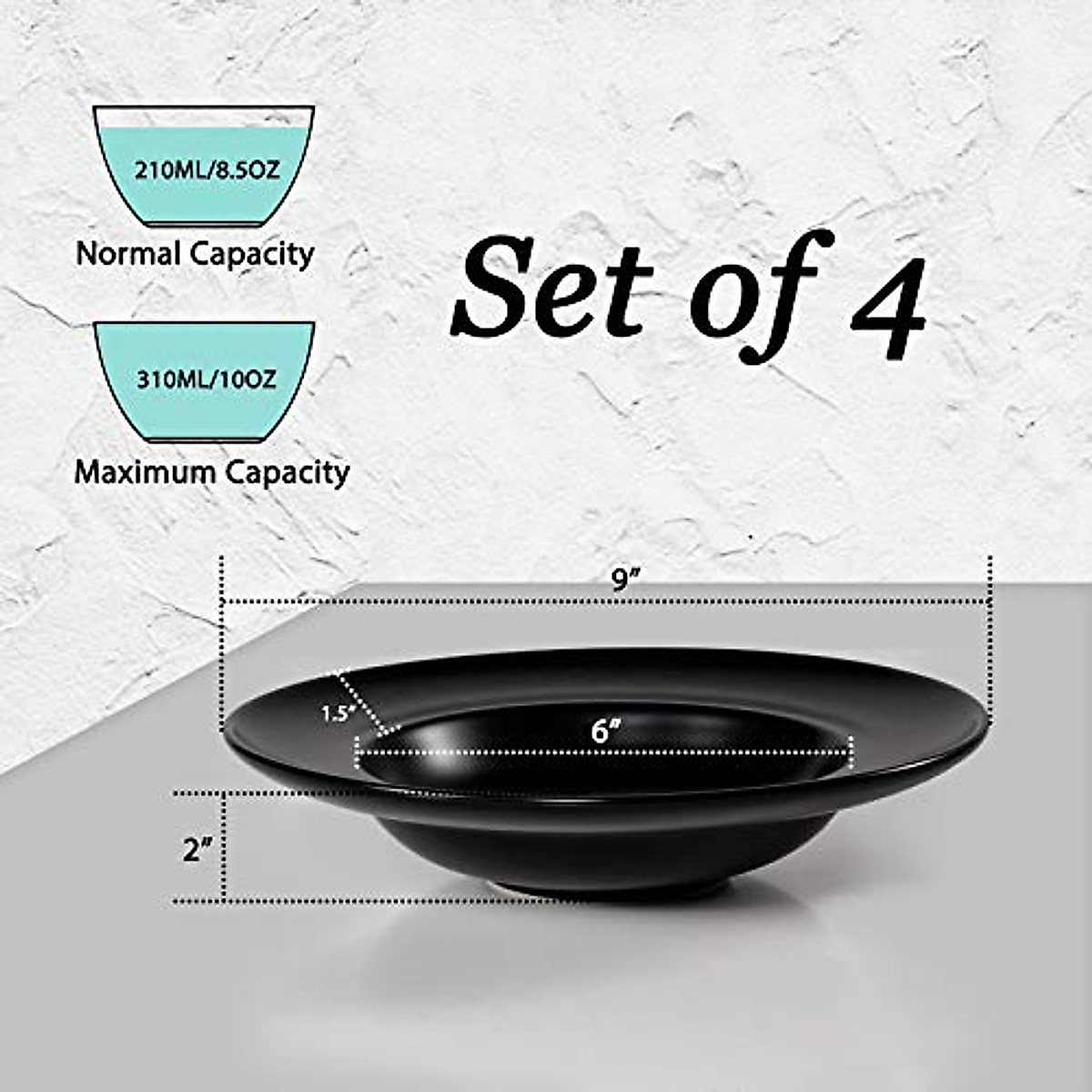 Hoxierence - Ceramic Wide Rim Soup Bowls, 10 Oz Matte Rim Pasta Bowls, Suitable for Salad, Dessert, Soup, Restaurant - Set of 4