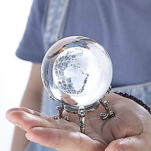 H&D HYALINE & DORA 2.3 inch (60mm) Clear Crystal Glass Ball Paperweight 3D Laser Engraved Earth Globe World Map Ball with Metal Stand Decor