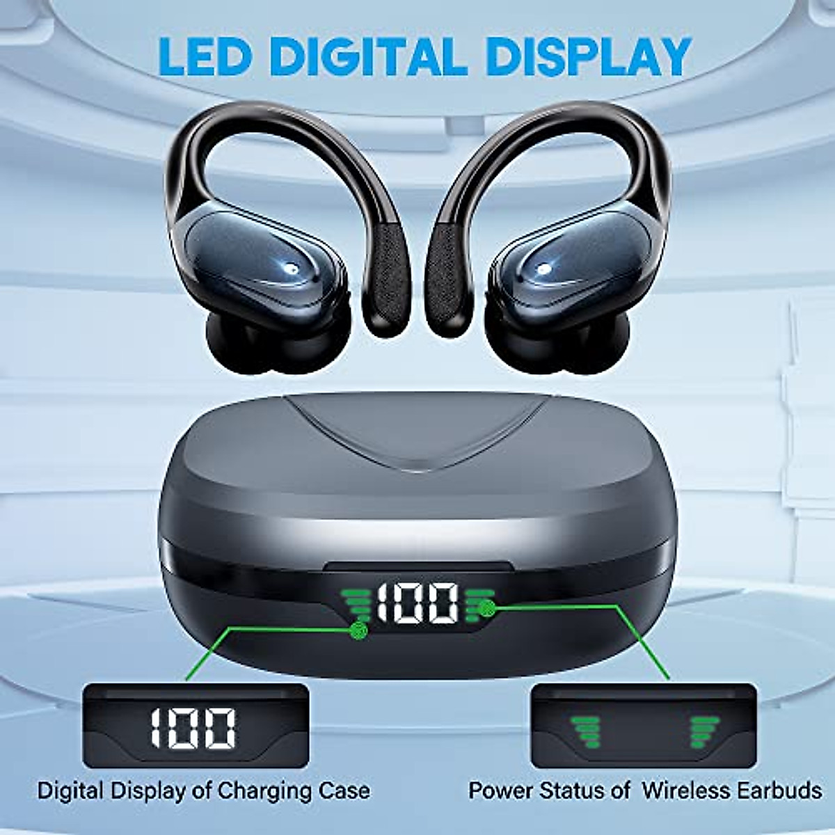 Wireless Earbuds, 75H Playtime Bluetooth Earbuds Built in Noise Cancellation Mic, Bluetooth Headphones with Charging Case and LED Display, Sport Hearphones with Earhooks Stereo Wireless Headphones