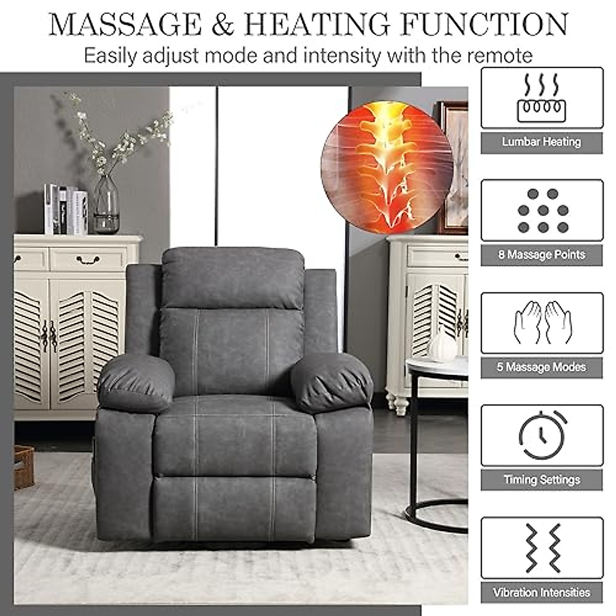 JEEOHEY Recliner Chair, Electric Power Lift Chair,Upholstered PU Leather Massage Chair Recliner Sofa with Heated,Adjustable Modern Reclining Chair for Elderly Adults(Grey)